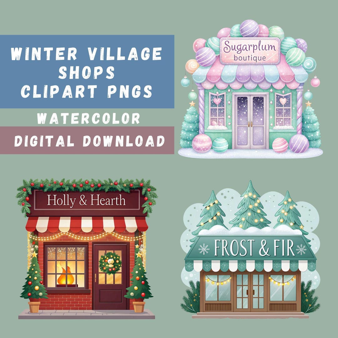 Village Shops Winter Clipart Bundle, 15 Watercolor Holiday Storefronts ...