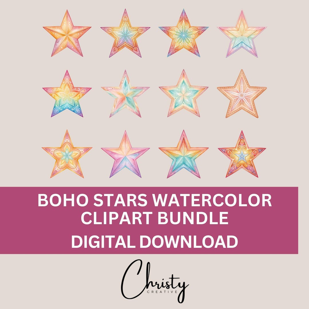 Boho Stars Clipart Bundle, 12 Watercolor Star Designs, Boho Star Pngs ...