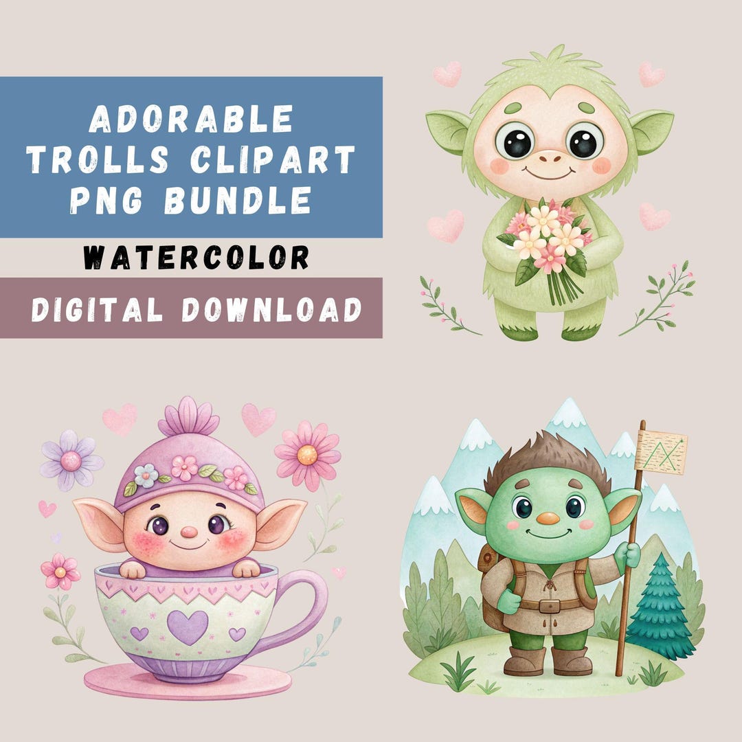 Trolls Clipart PNG Bundle, 15 Cute Watercolor Troll Illustrations ...