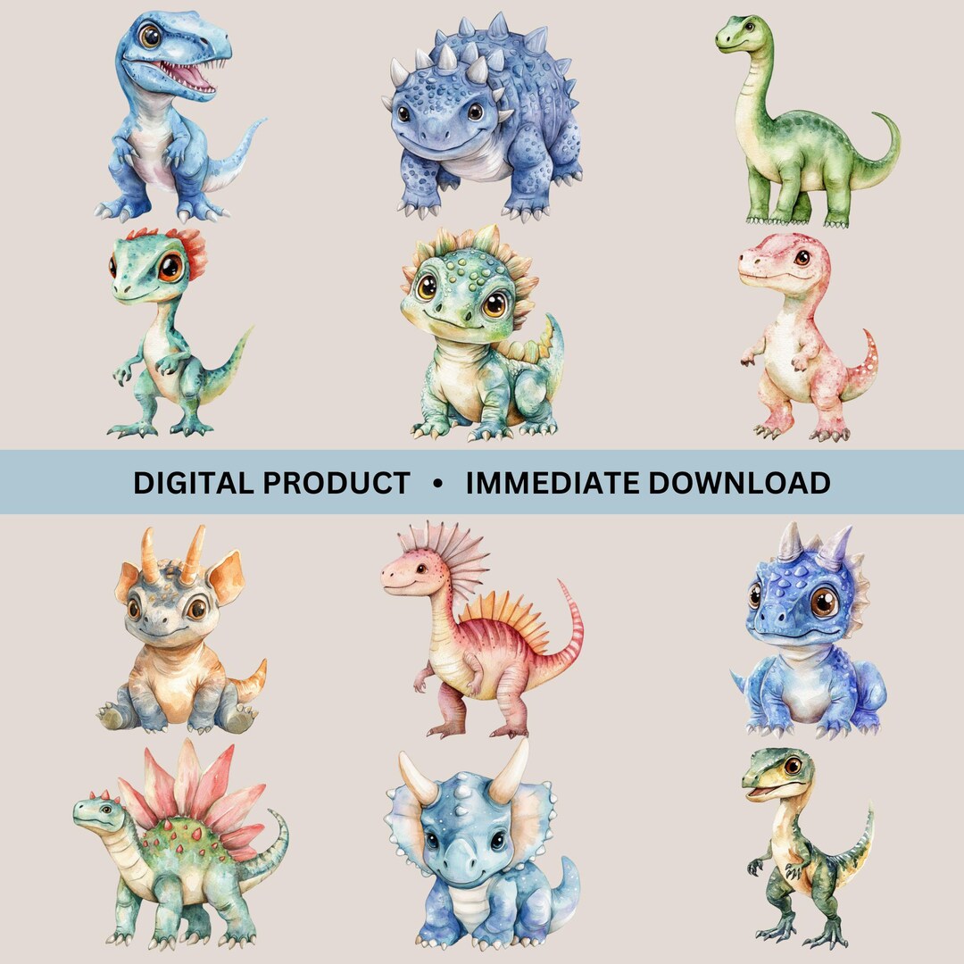 Watercolor Dinosaur Bundle, 12 Cute Dinosaur Designs, Dinosaur Clipart ...