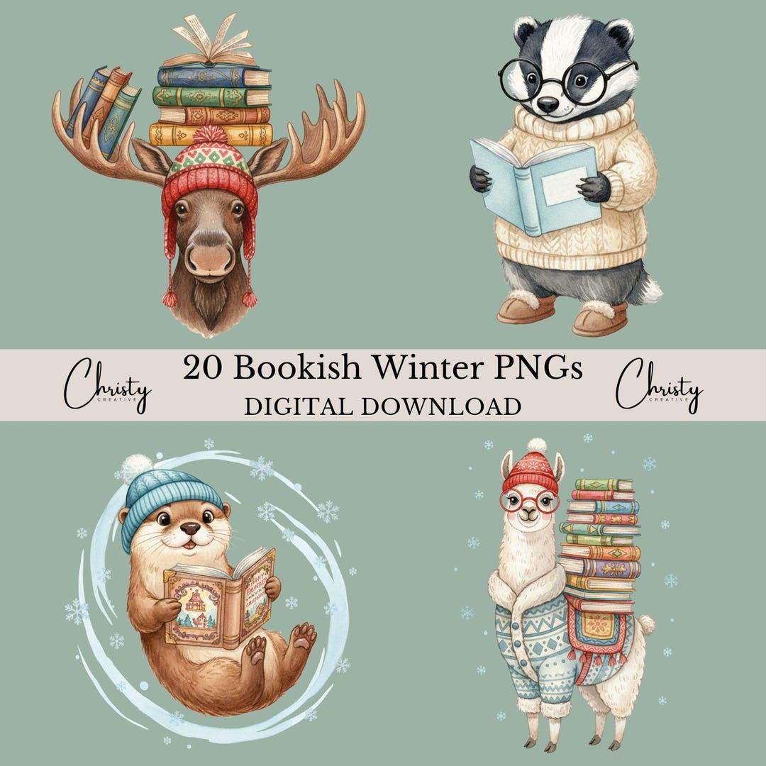 Bookish Winter Clipart Bundle, 20 Magical Reading Designs, Watercolor ...