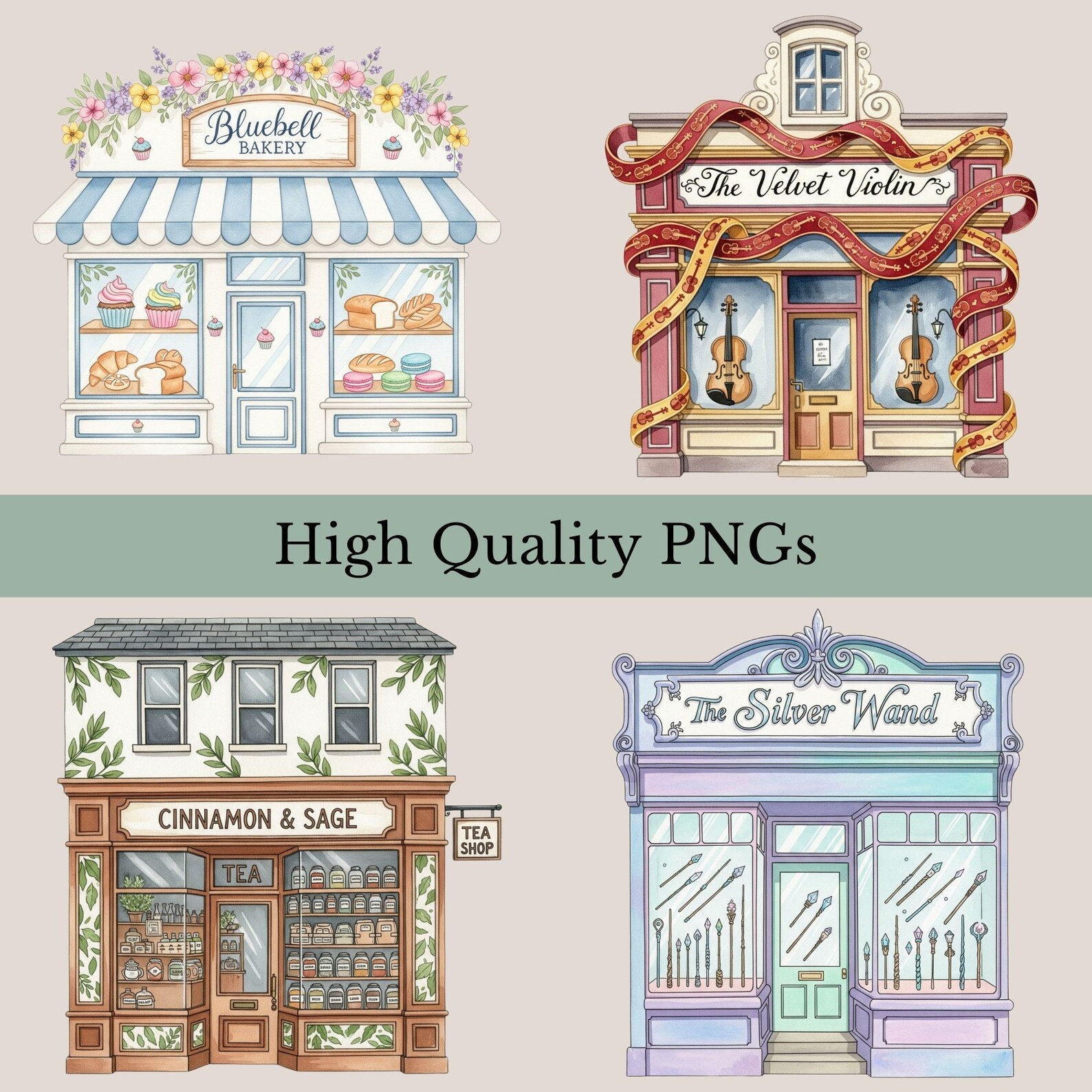 Village Shops PNG Bundle, 12 Watercolor Storefront Illustrations, Shop ...