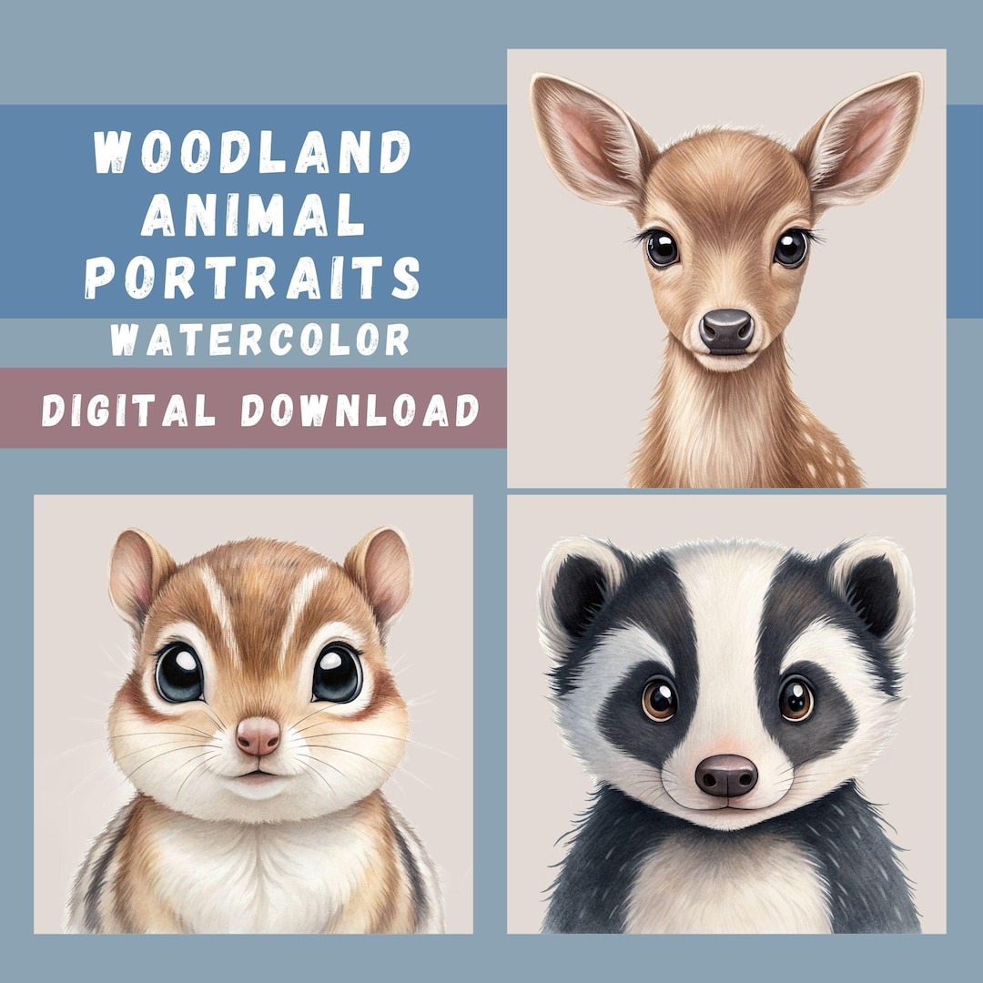 Watercolor Woodland Portraits Clipart Bundle, 15 Woodland Animal ...
