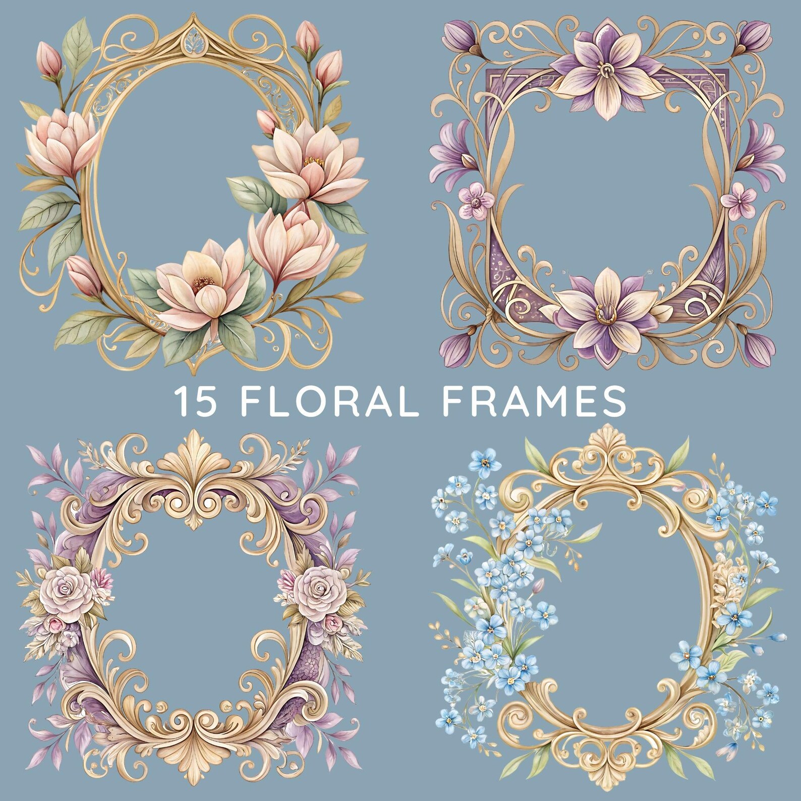 Floral Frames Clipart PNG Bundle, 15 Flower Border Designs, Flower ...