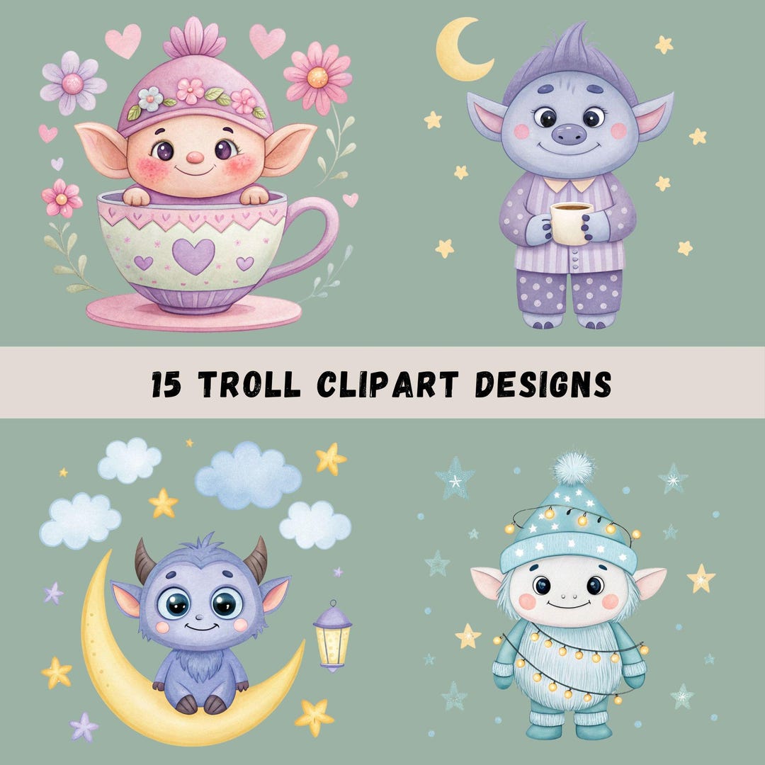 Trolls Clipart PNG Bundle, 15 Cute Watercolor Troll Illustrations ...