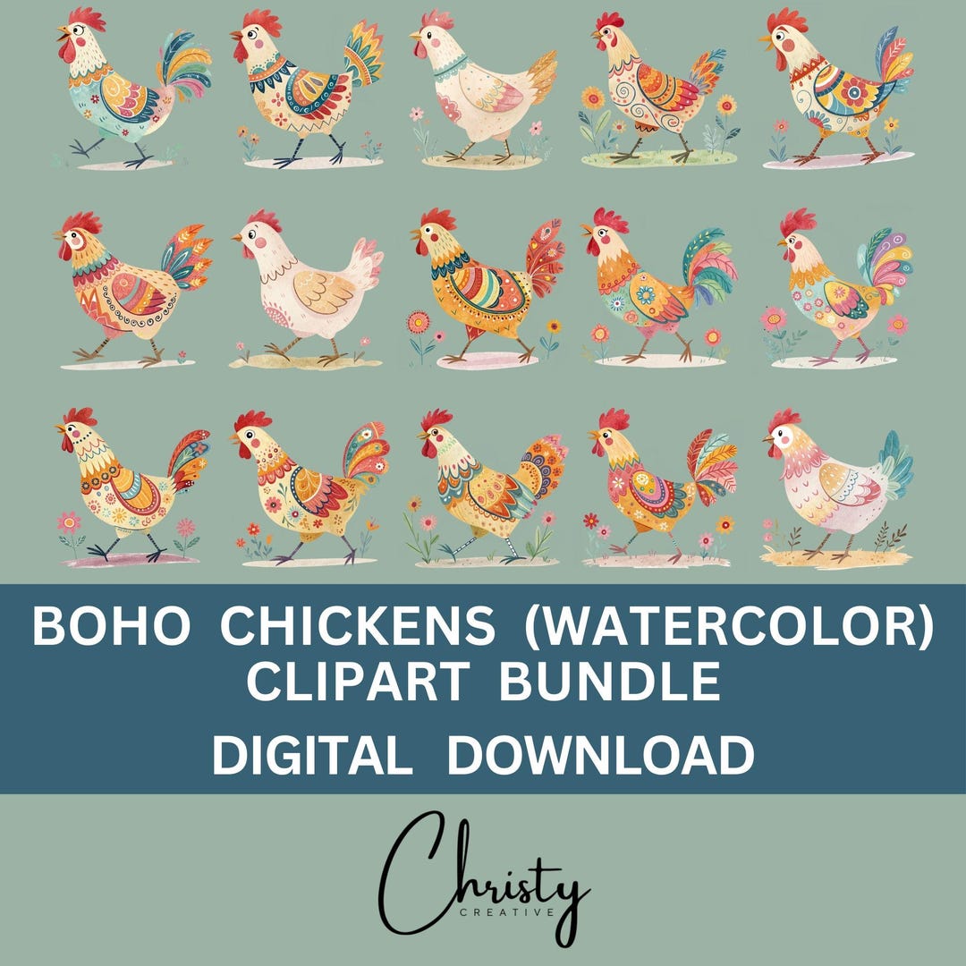 Boho Chickens Clipart Bundle, 15 Watercolor Chicken Designs, Chicken ...