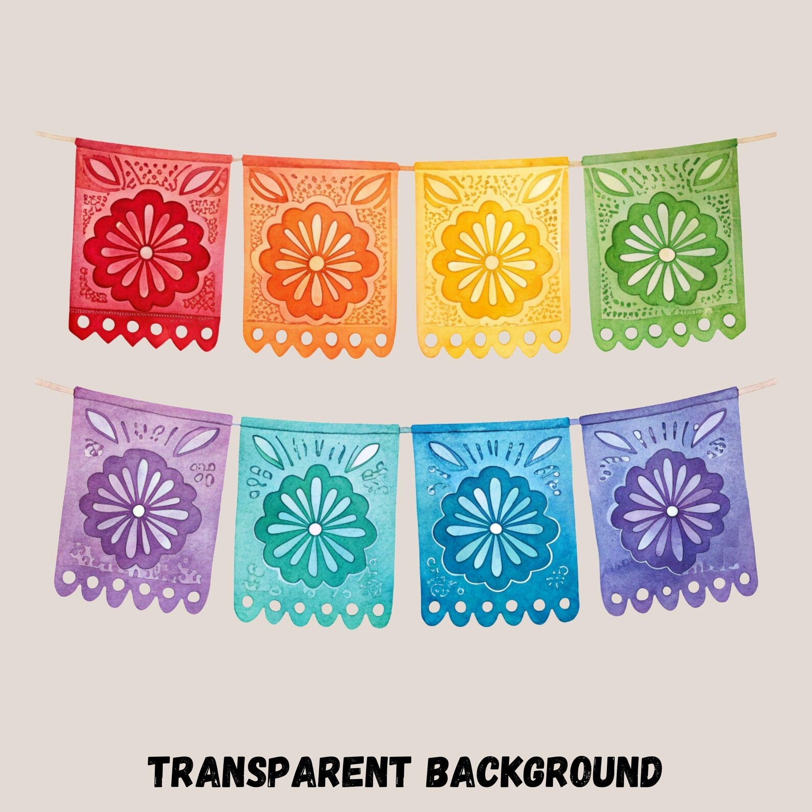 Mexican Papel Picado Banner Clipart Pngs, 15 Watercolor Banners, Banner ...