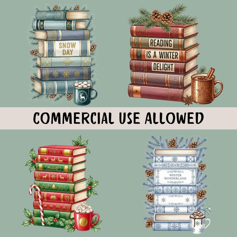 Winter & Holiday Books Clipart PNG Bundle, 15 Book Lover Designs ...