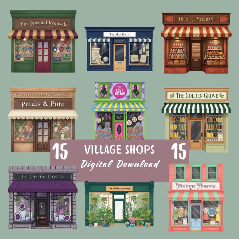 Whimsical Storefront Clipart Bundle, 15 Village Shops, Small Business ...