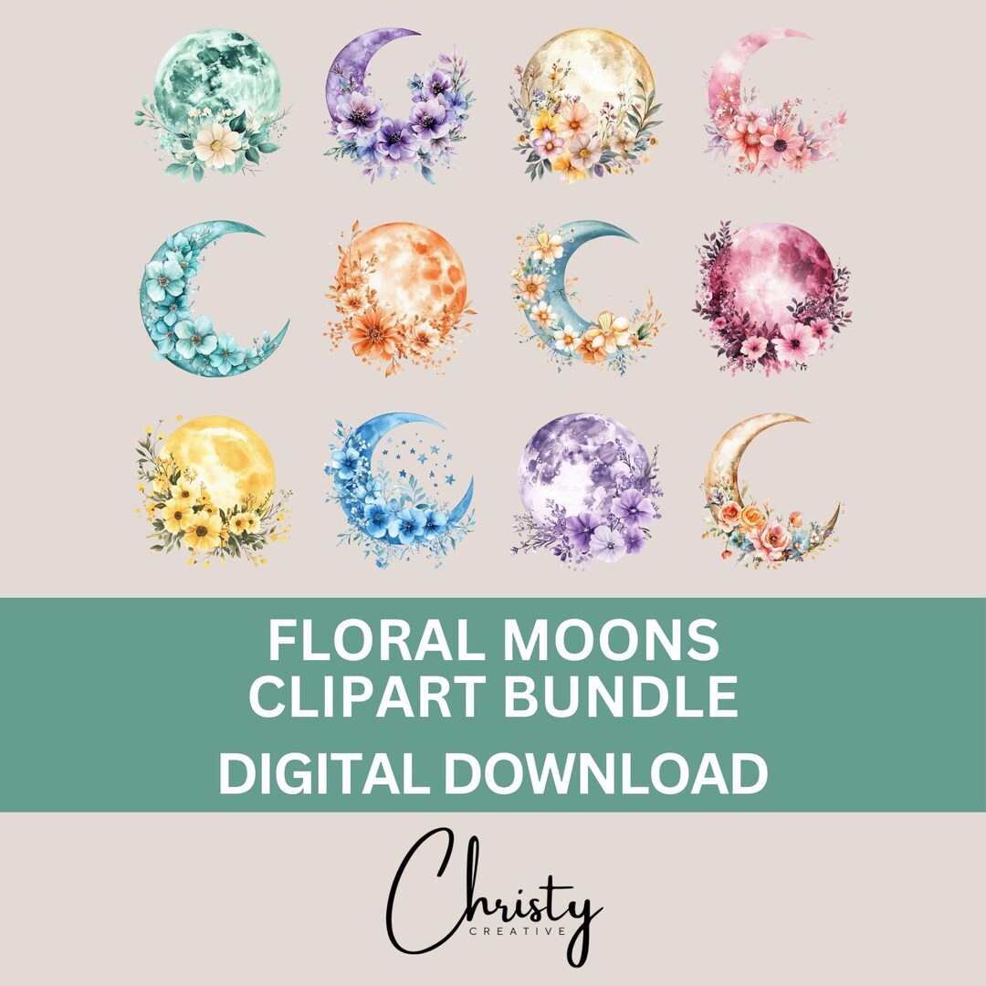 Watercolor Floral Moon Clipart Bundle, 12 Floral Moon Graphics, Moon ...