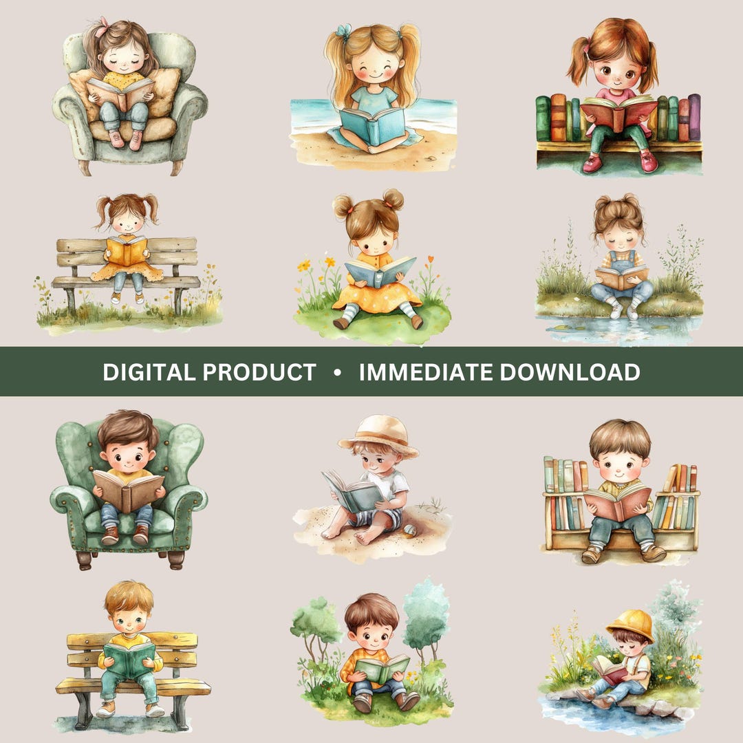 Children Reading Watercolor Bundle, 12 Children Reading Designs, Book ...