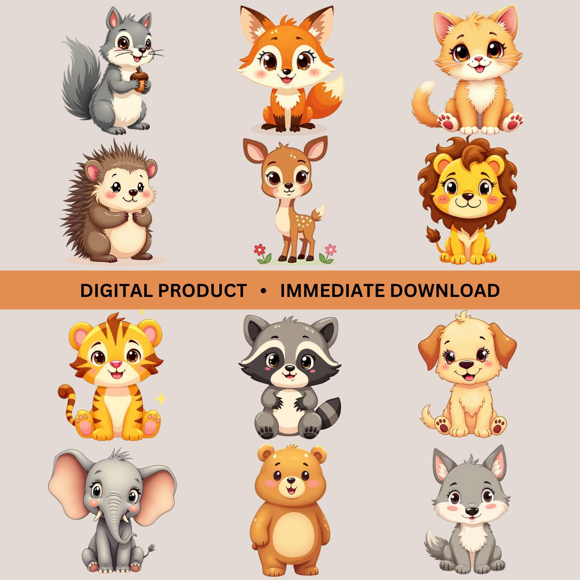 Cute Animal Bundle, 12 Whimsical Animal Graphics, Clipart for Kids ...