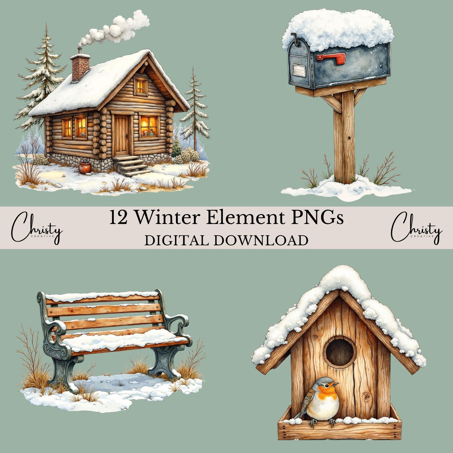 Winter Clipart Bundle, 12 Watercolor Winter Season Illustrations, Cabin ...