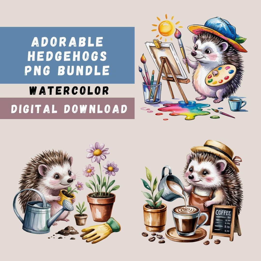 Hedgehogs PNG Clipart Bundle, 15 Watercolor Hedgehog Images, Animal ...