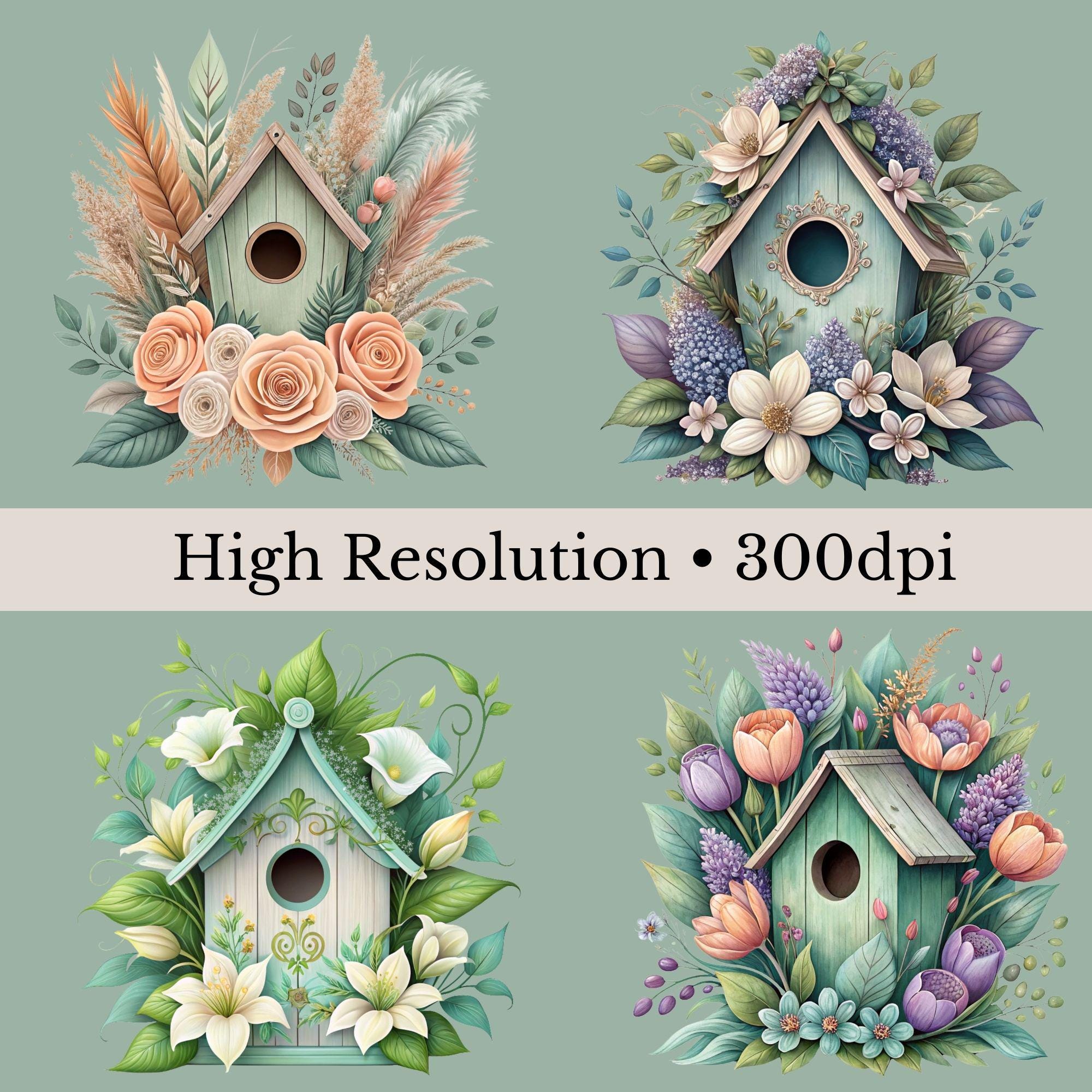 Birdhouse Clipart Bundle, 15 Watercolor Birdhouses and Flowers, Floral ...