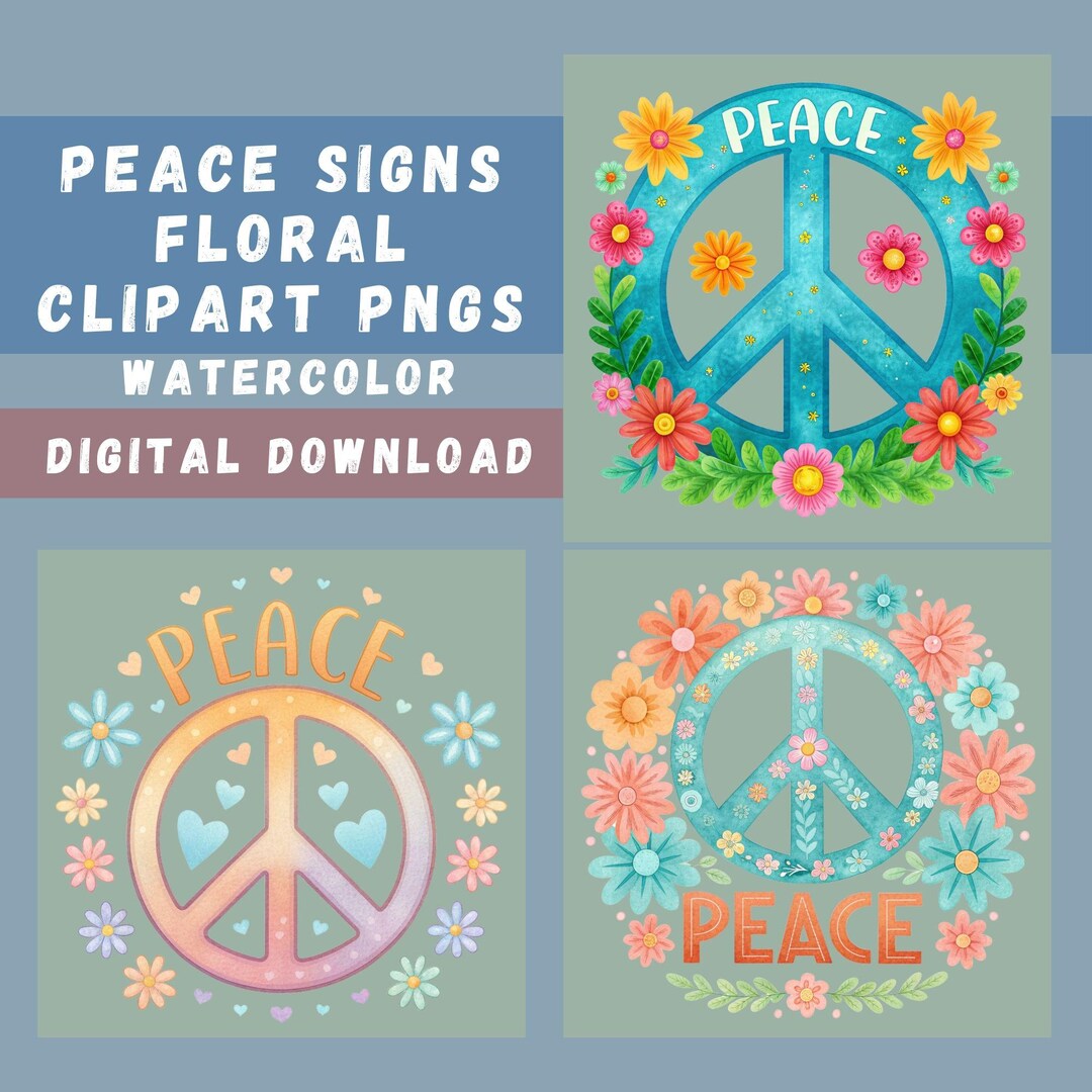 Peace Signs Clipart Bundle, 15 Watercolor Retro Peace Signs, Peace Sign ...