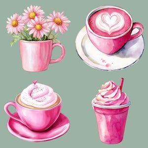 Pink Coffee Clipart Bundle, 12 Watercolor Coffee Graphics, Coffee Clip ...