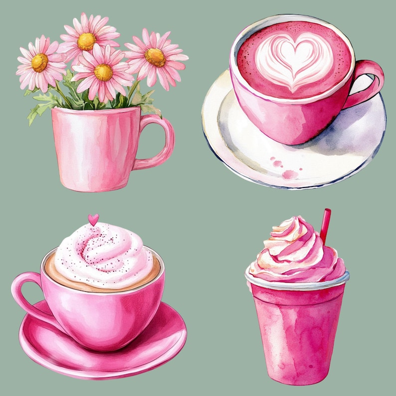 Pink Coffee Clipart Bundle, 12 Watercolor Coffee Graphics, Coffee Clip ...