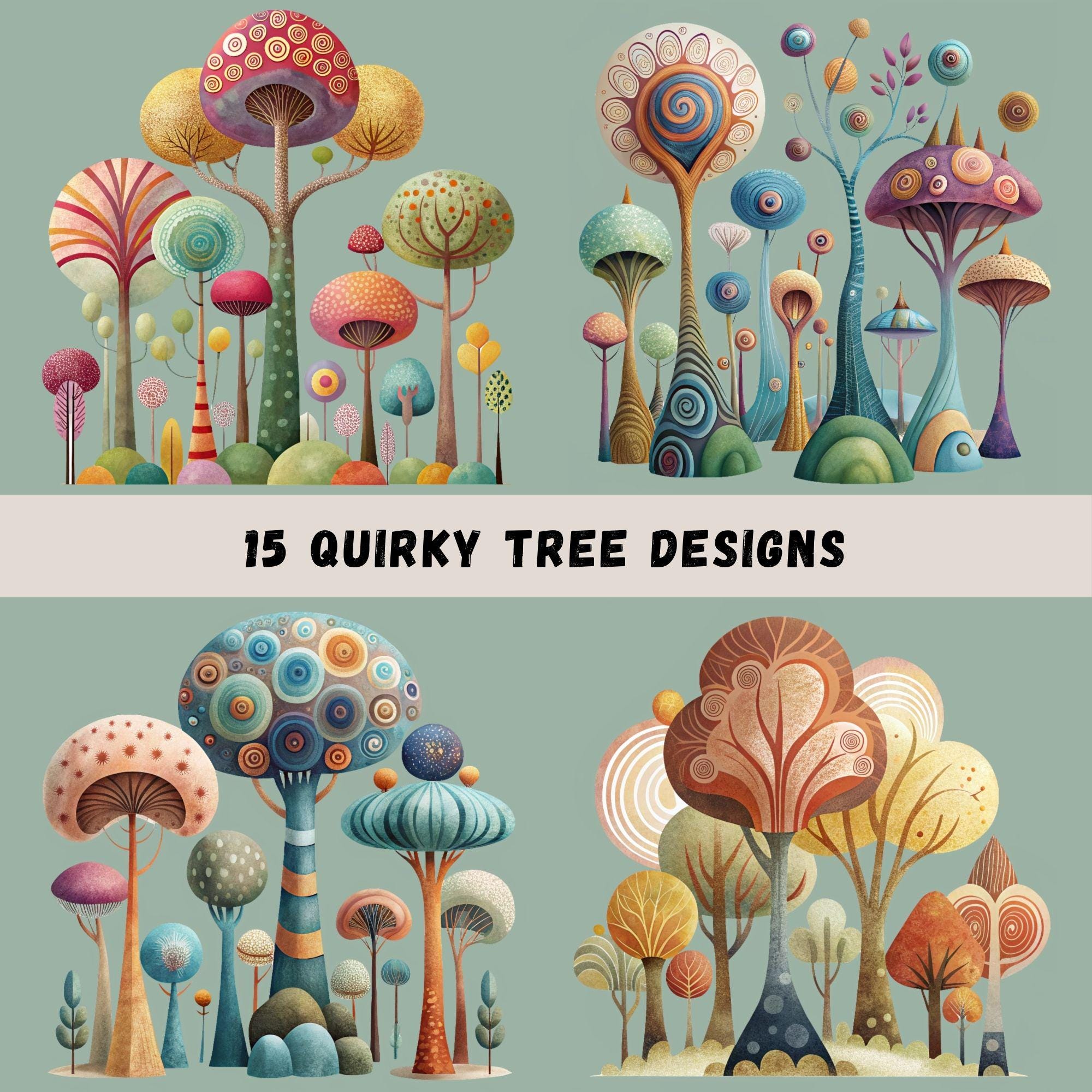 Quirky Trees Clipart Bundle, 15 Whimsical Tree Designs, Watercolor Tree ...