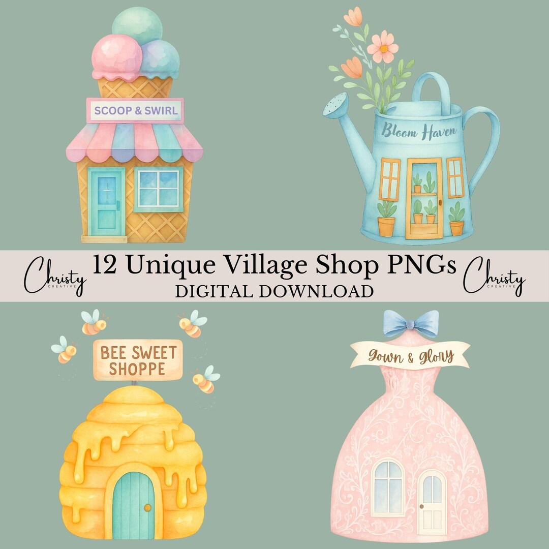 Village Shops Clipart Bundle, 12 Watercolor Unique Storefronts, Crafty ...