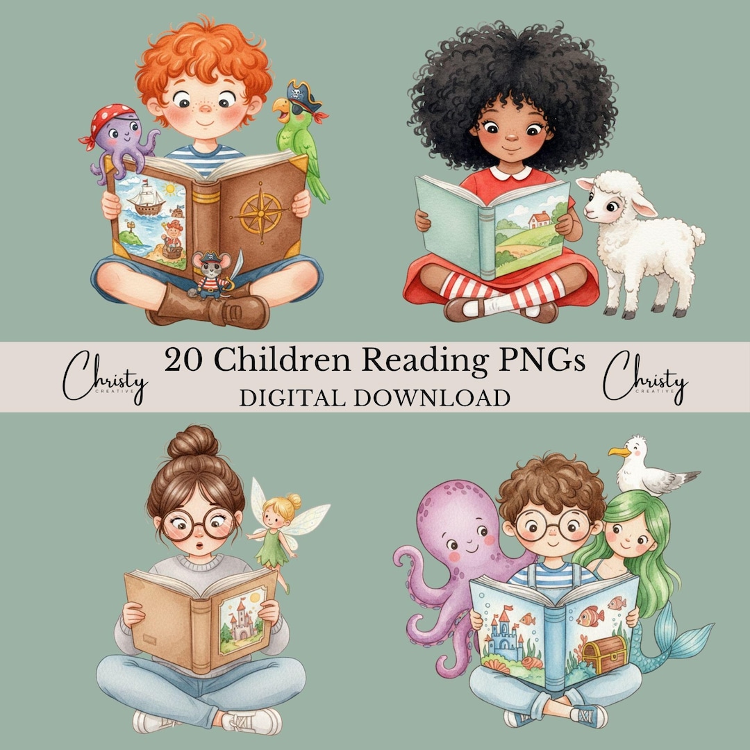 Children Reading Clipart Bundle, 20 Magical Child Designs, Watercolor ...