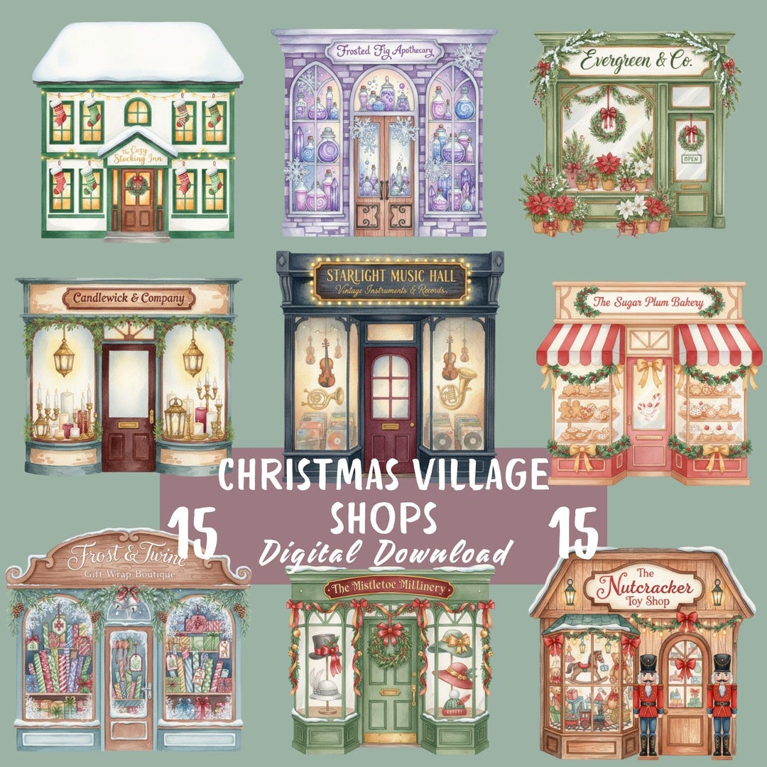 Christmas Village Clipart Bundle, 15 Watercolor Storefront Designs ...