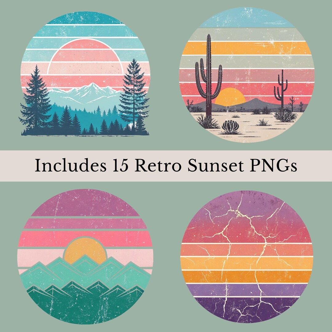 Retro Sunsets Clipart Bundle, 15 Watercolor Sunset Graphics, Sunset ...
