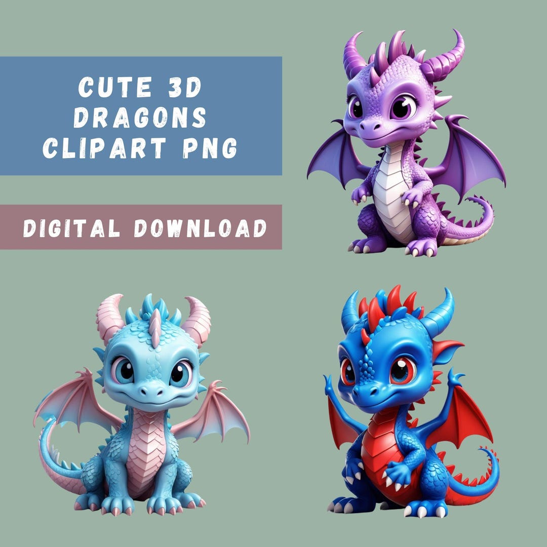 Cute Dragons Clipart Bundle, 15 3D Dragon Designs, Dragon Sublimation ...