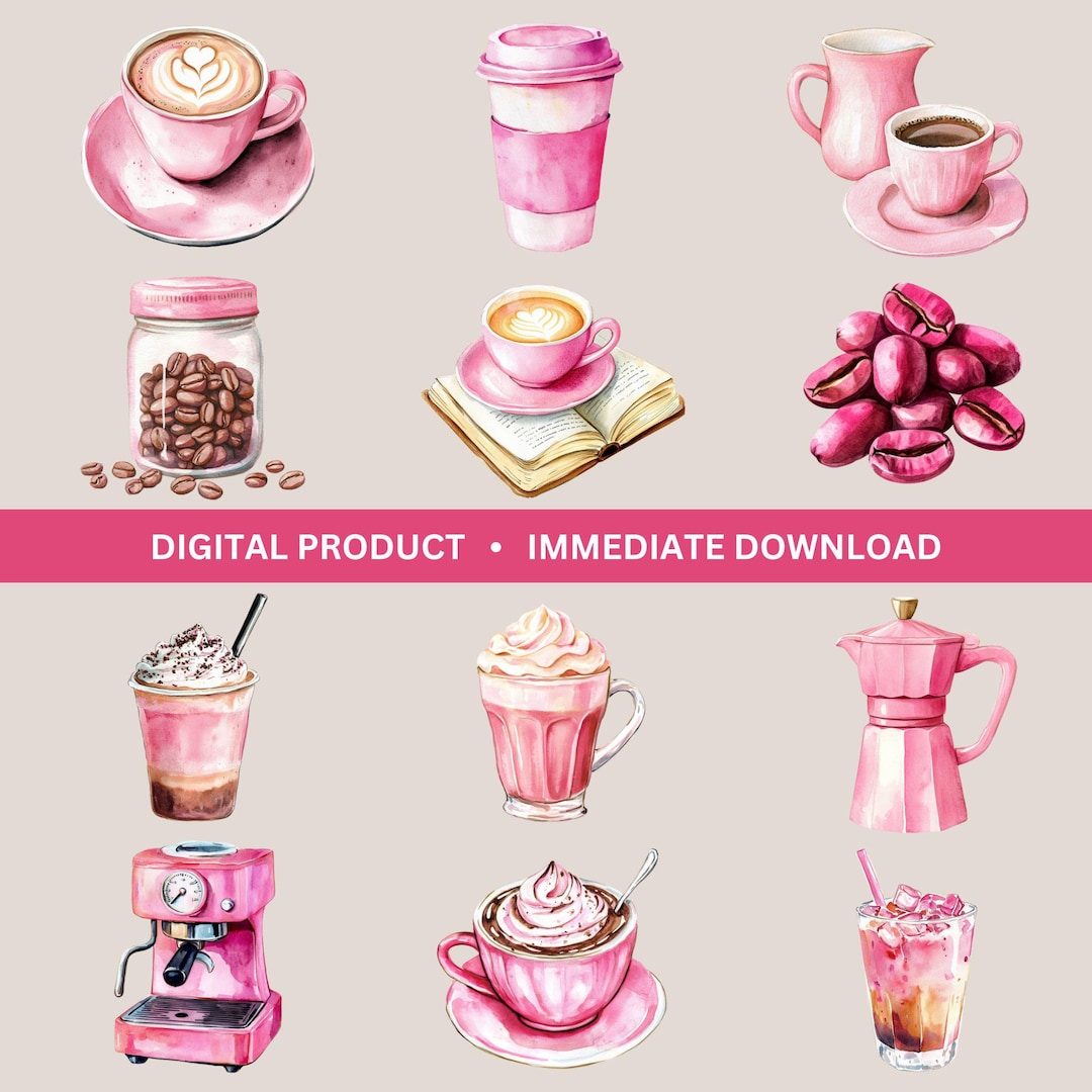 Coffee Designs in Pink Watercolor Bundle, 12 Coffee Graphics ...