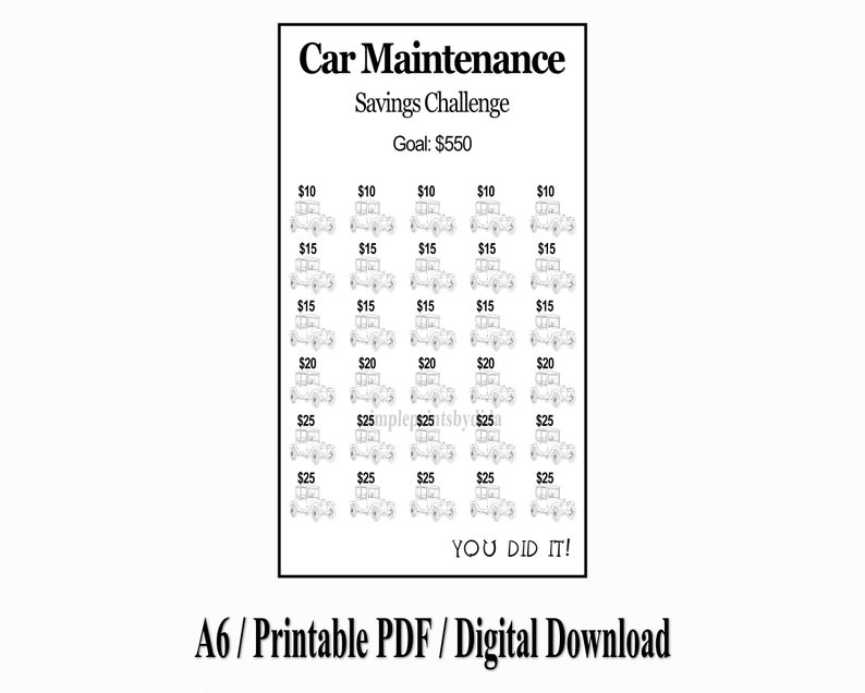 Car Maintenance Savings Challenge, Money Saving Challenge Printable ...