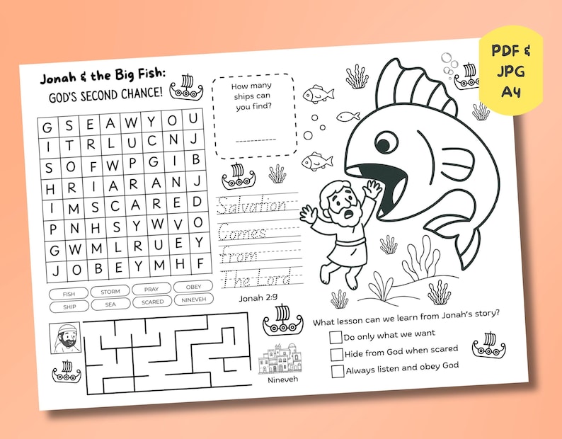 Jonah and the Whale Activity Sheet: Bible Story and Sunday School ...