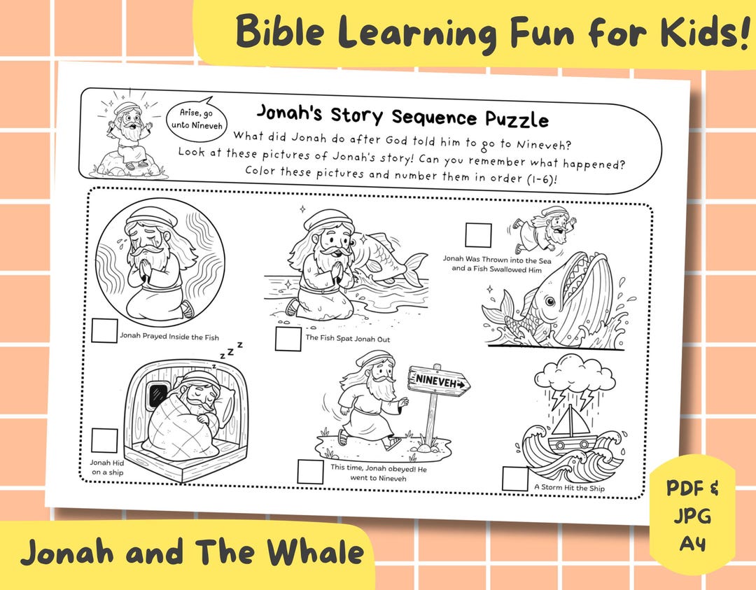 Jonah and the Whale Bible Story Worksheet, Sunday School Activity Sheet ...