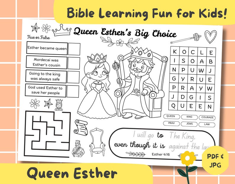 Queen Esther Coloring Page: Bible Story Printable Activity (instant ...