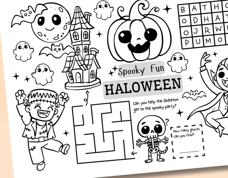 Halloween Coloring Placemat – Printable Kids Halloween Placemat, Party ...