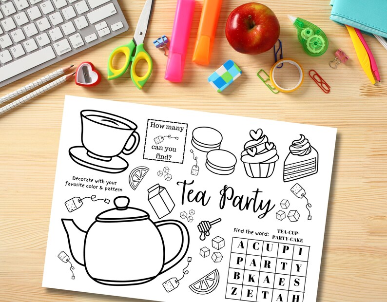 Kids Tea Party Activity & Coloring Sheet - Printable Party Decoration ...