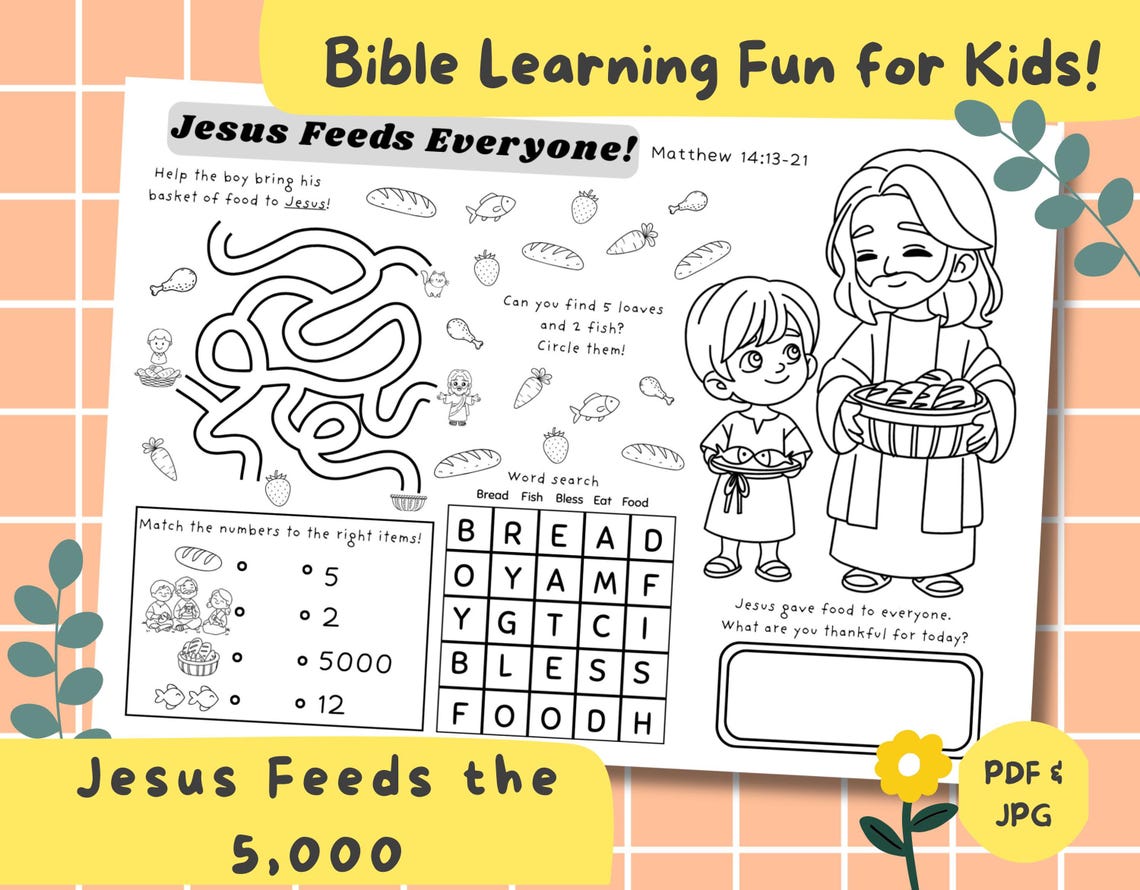 Jesus Feeds 5000 Activity Sheet: Bible Story Sunday School Worksheet ...