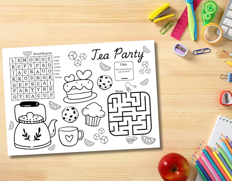 Tea Party Activity & Coloring Sheet - Printable Birthday Party Placemat ...