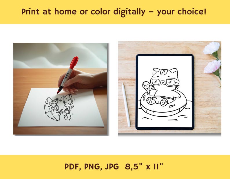 Summer Cats Coloring Pages, Printable and Digital Relaxing Activity ...