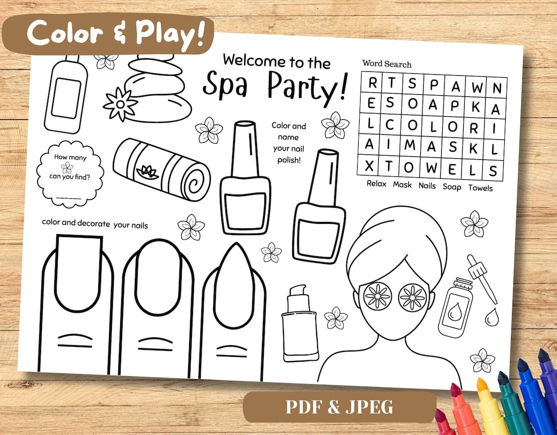 Spa Day Coloring Page, Spa Party Coloring and Activity Sheet for Girls ...