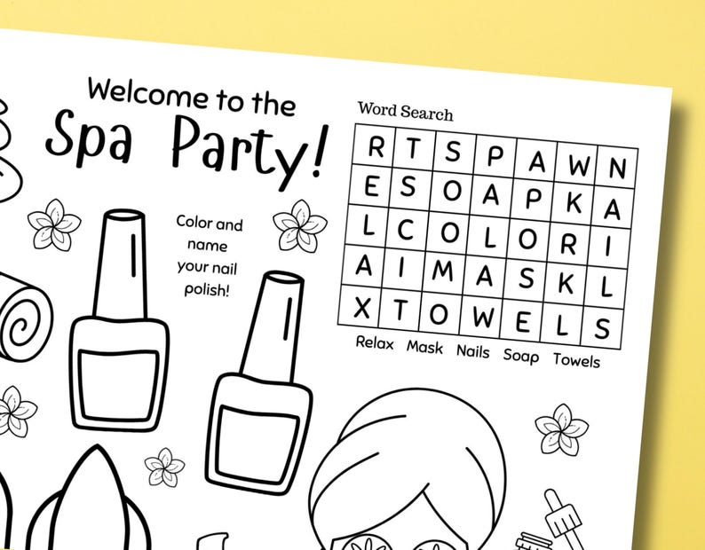 Spa Day Coloring Page, Spa Party Coloring and Activity Sheet for Girls ...