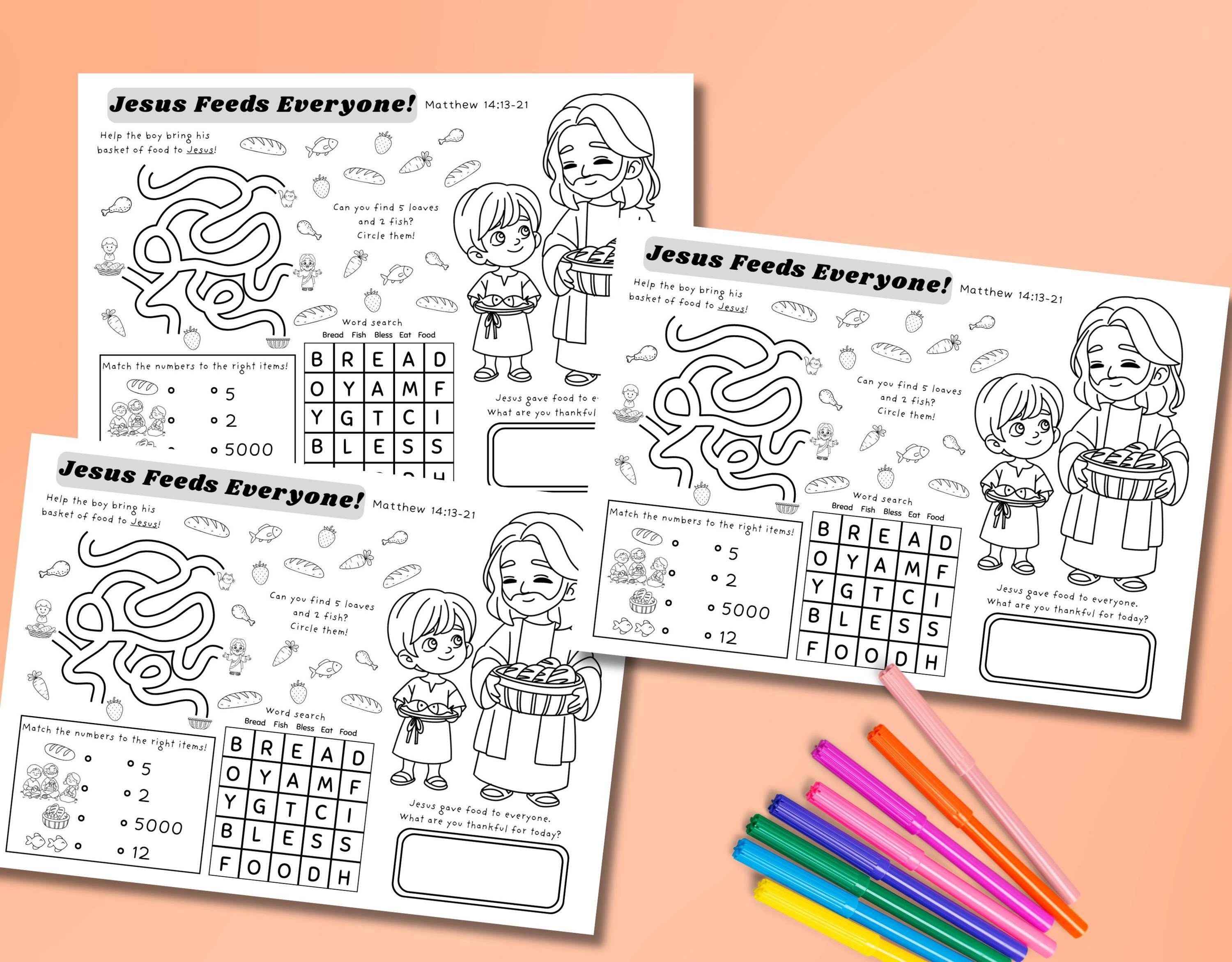 Jesus Feeds 5000 Activity Sheet: Bible Story Sunday School Worksheet ...
