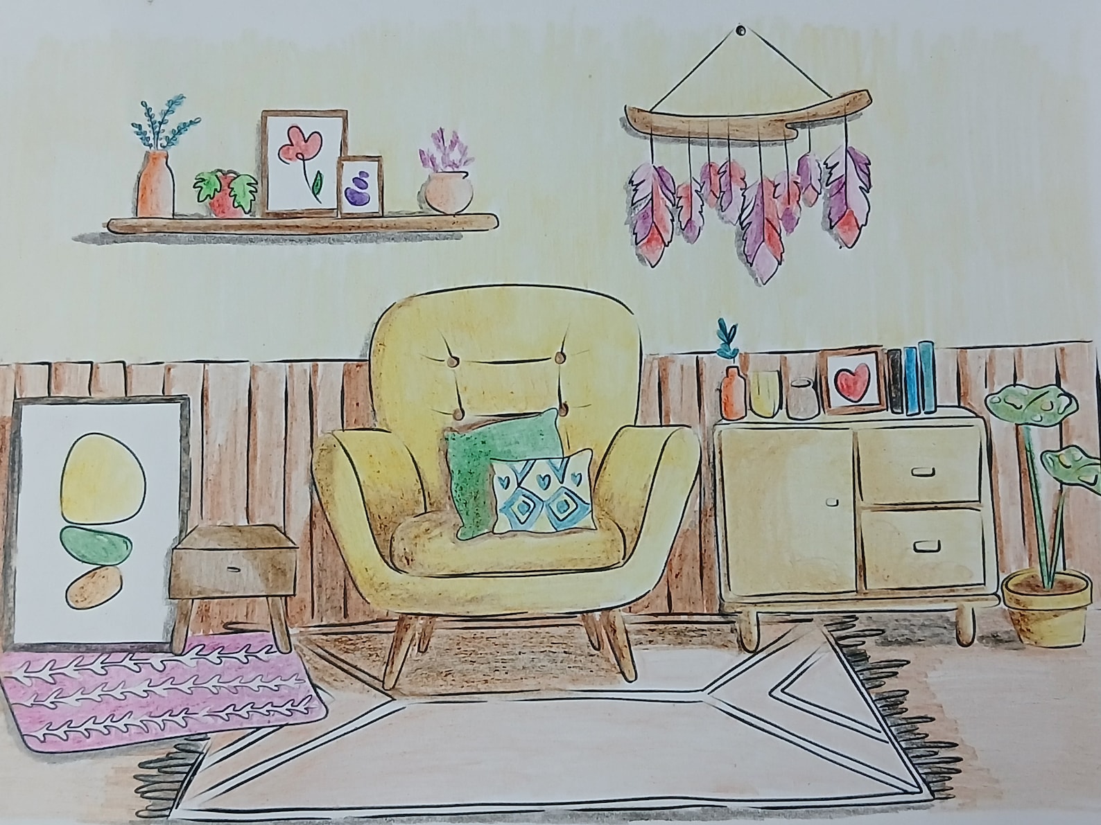 Printable Coloring Page, Cozy Interior Living Room Scene Coloring Sheet ...
