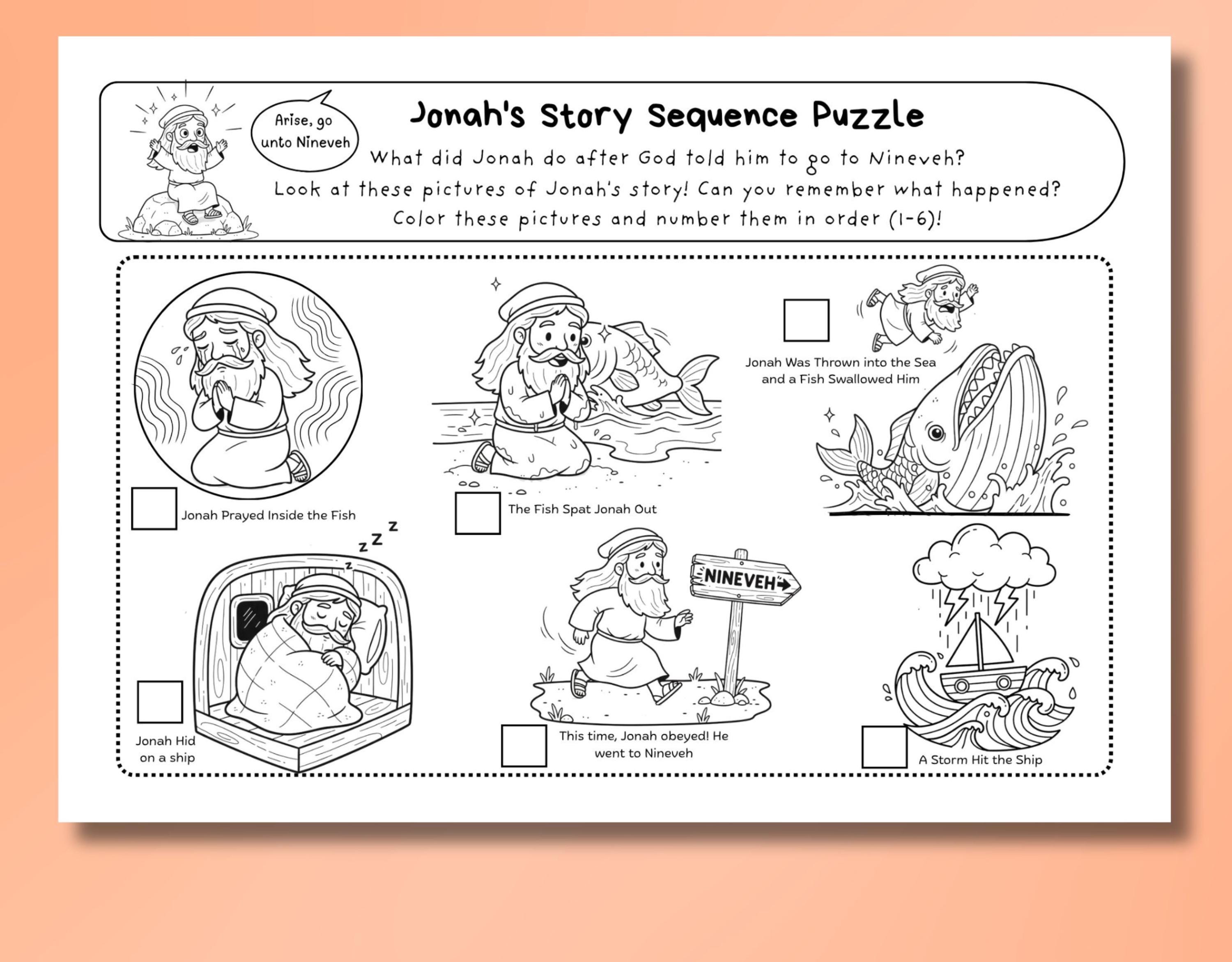 Jonah and the Whale Bible Story Worksheet, Sunday School Activity Sheet ...