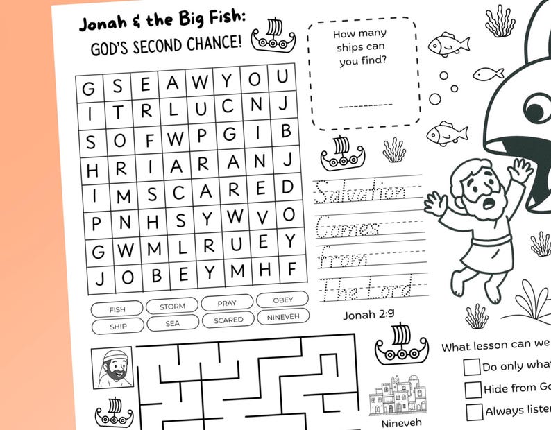 Jonah and the Whale Activity Sheet: Bible Story and Sunday School ...