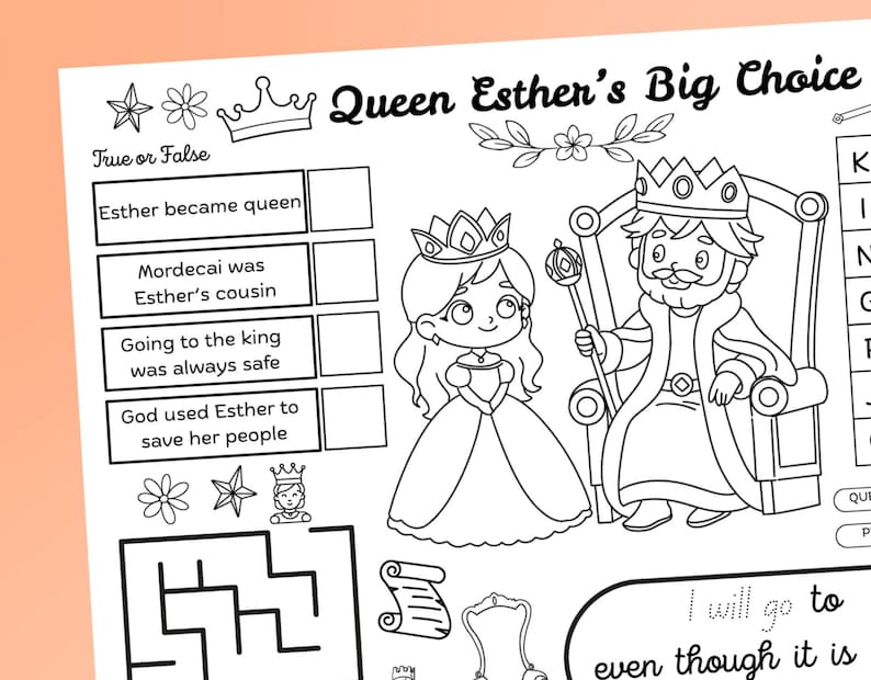 Queen Esther Coloring Page: Bible Story Printable Activity (instant ...