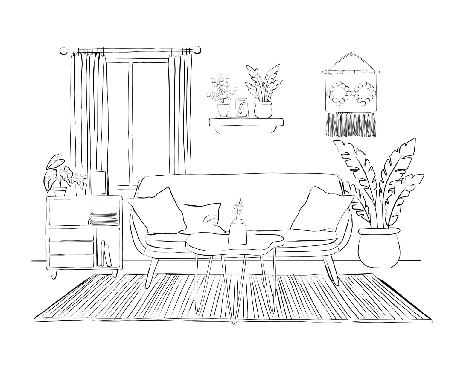 Printable Coloring Page, Cozy Interior Living Room Scene Coloring Sheet ...