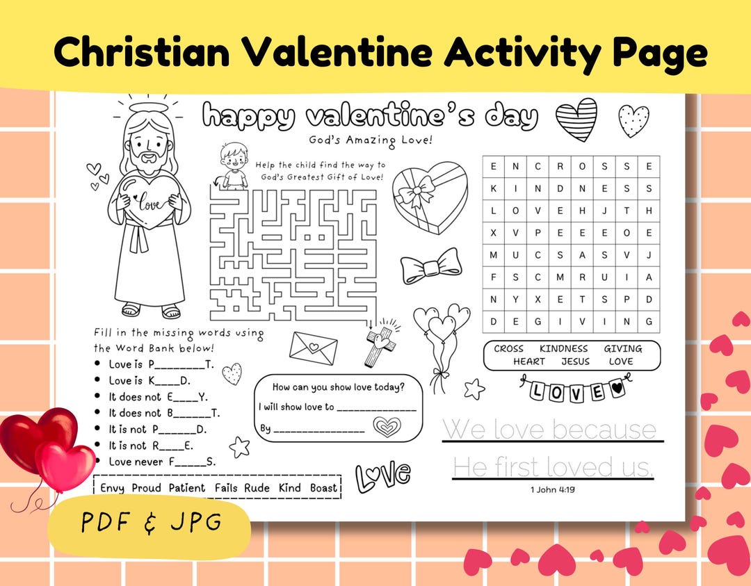 Christian Valentine Activity Page for Kids, Sunday School Worksheet - Etsy