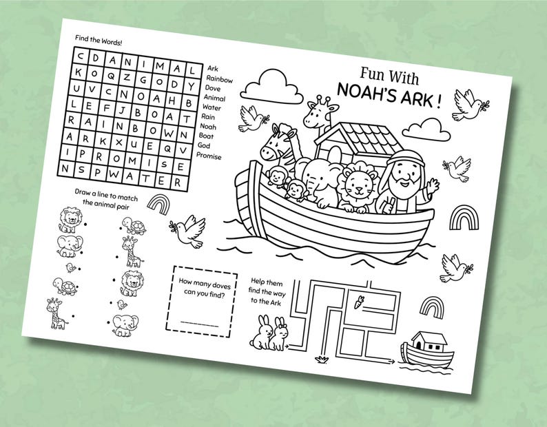 Noah's Ark Worksheet: Sunday School Christian Activity Page (PDF & JPG ...