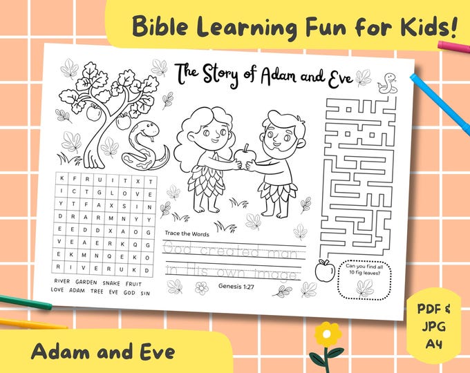 Adam and Eve Bible Story Activities, Sunday School Craft, Activity Pack ...