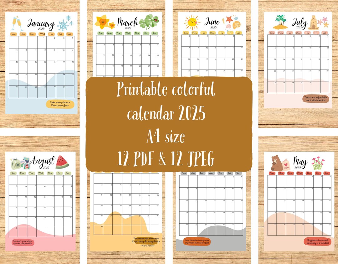 Printable Calendar 2025 Watercolor, Colorful Monthly Planner, A4 Size ...